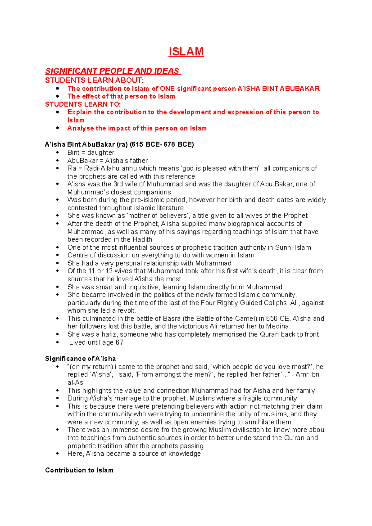 Islam summary notes - ISLAM SIGNIFICANT PEOPLE AND IDEAS STUDENTS LEARN ...