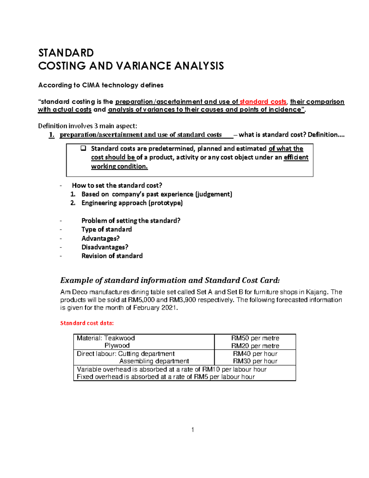 Standard Costing Student COPY - STANDARD COSTING AND VARIANCE ANALYSIS ...
