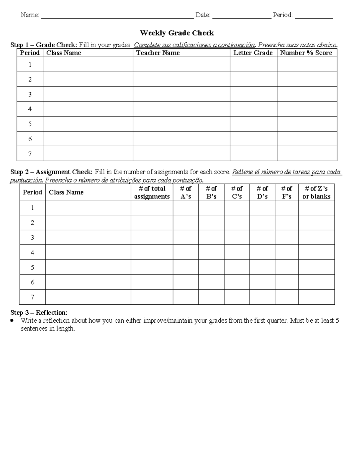 Weekly Grade Check Qtr End - Name ...