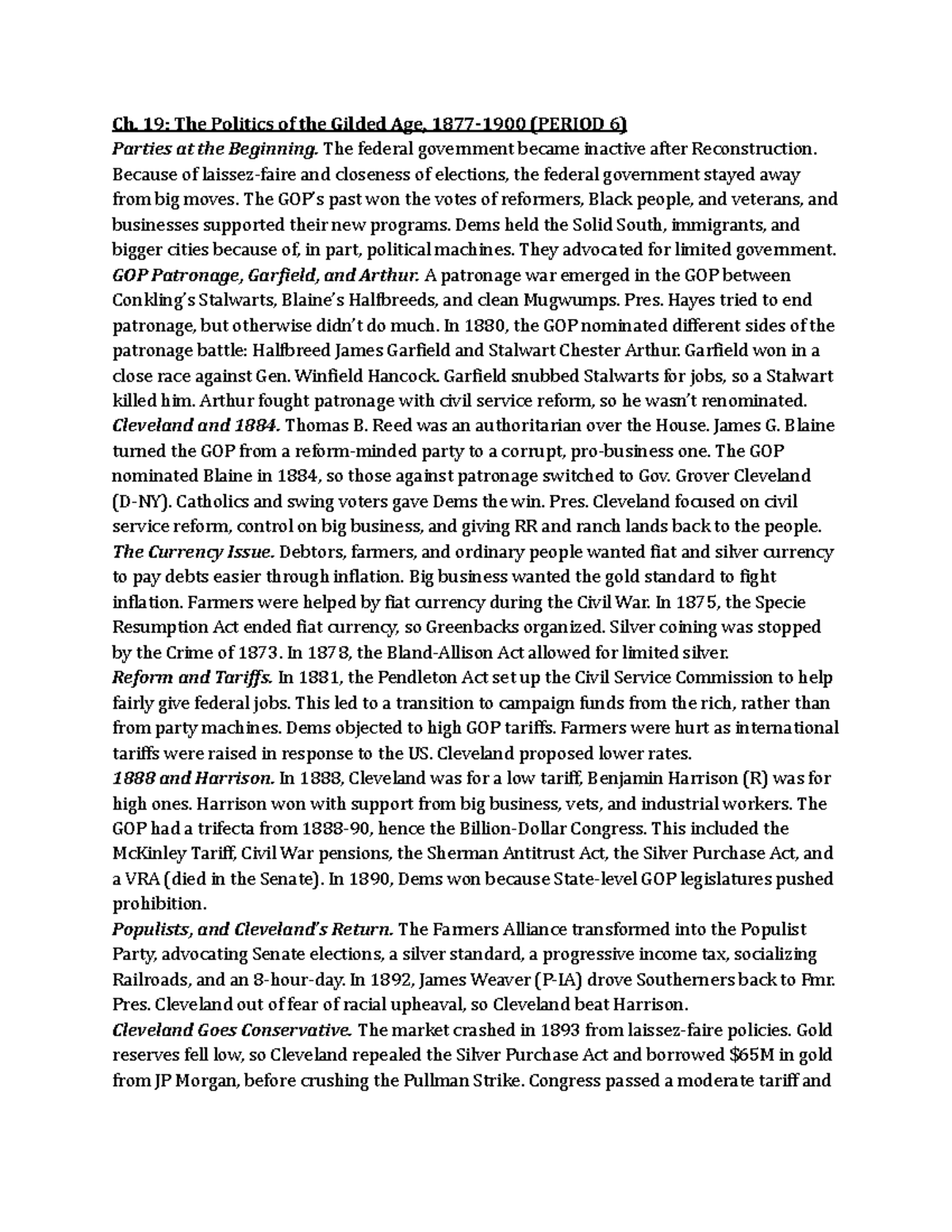 Chapter 3 and 4 - Ch. 19: The Politics of the Gilded Age, 1877-1900 ...