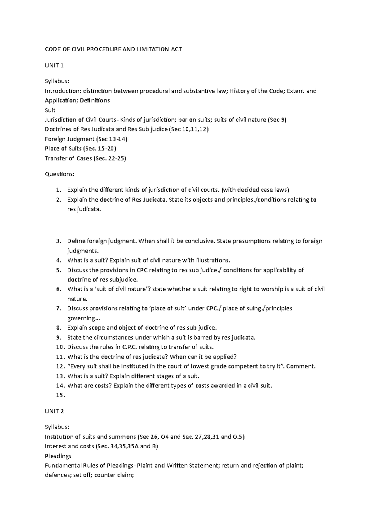 CPC Questions chapterwise - CODE OF CIVIL PROCEDURE AND LIMITATION ACT ...