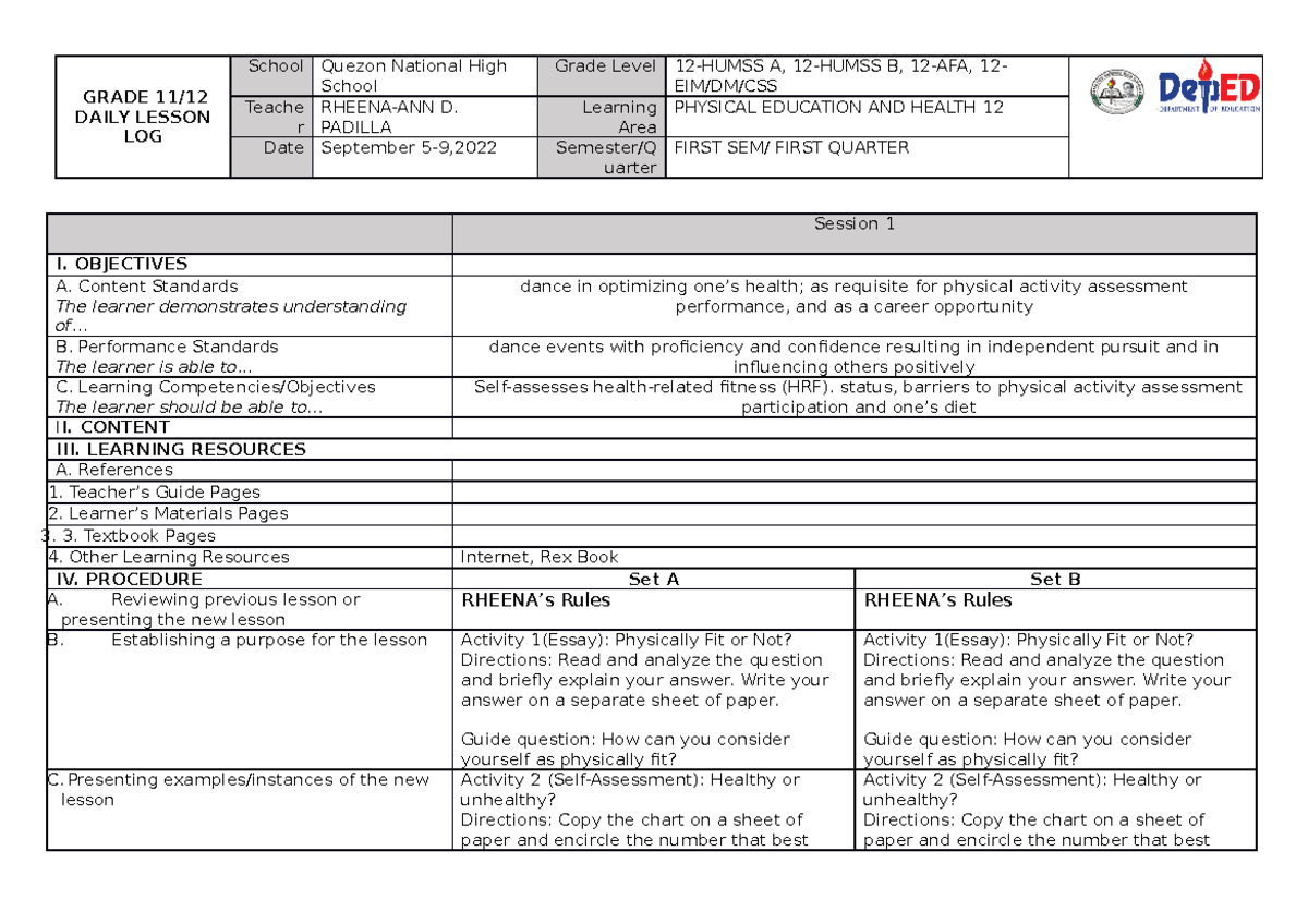 PEH DLL 2ND WK - Daily Lesson Log - GRADE 11/ DAILY LESSON LOG School ...