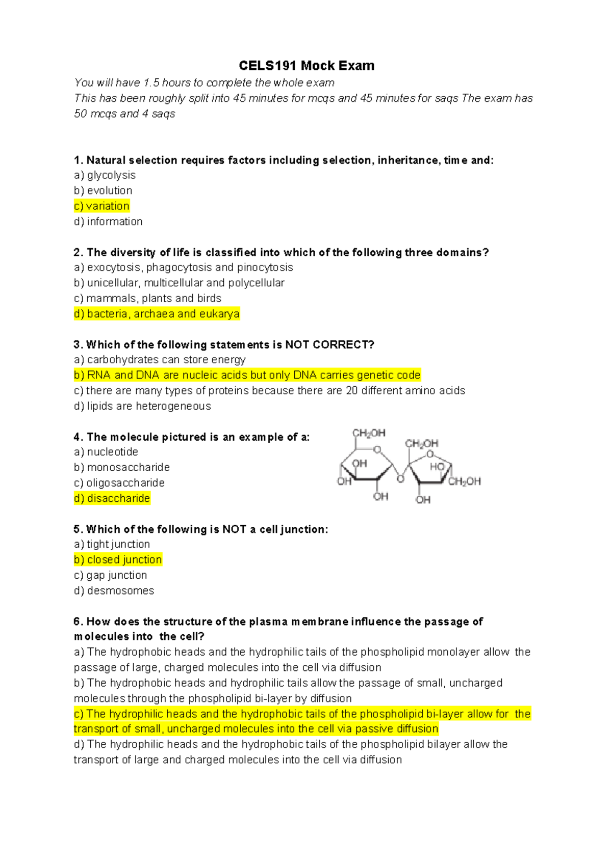 CELS191 Mock Exam- Answers (1)-2 - CELS191 Mock Exam You will have 1 hours to complete the whole ...