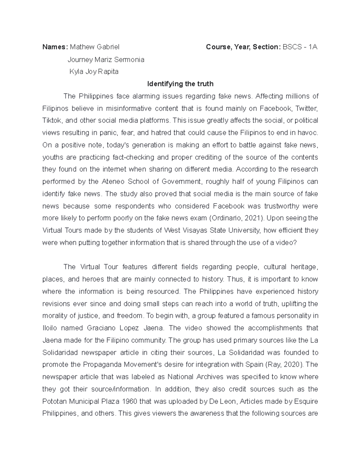 Assignment-3 RIPH History - Names: Mathew Gabriel Course, Year, Section: BSCS - 1A Journey Mariz ...