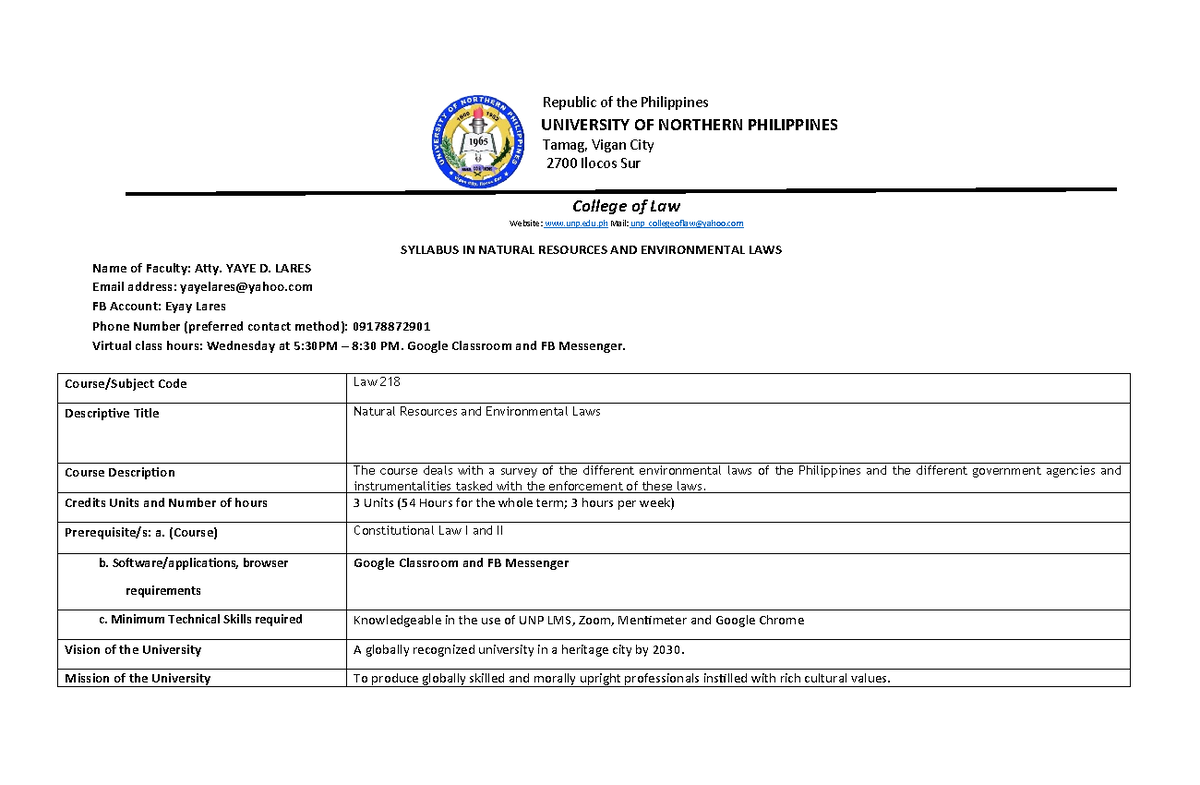 UNP College of Law Syllabus NREL - Republic of the Philippines ...