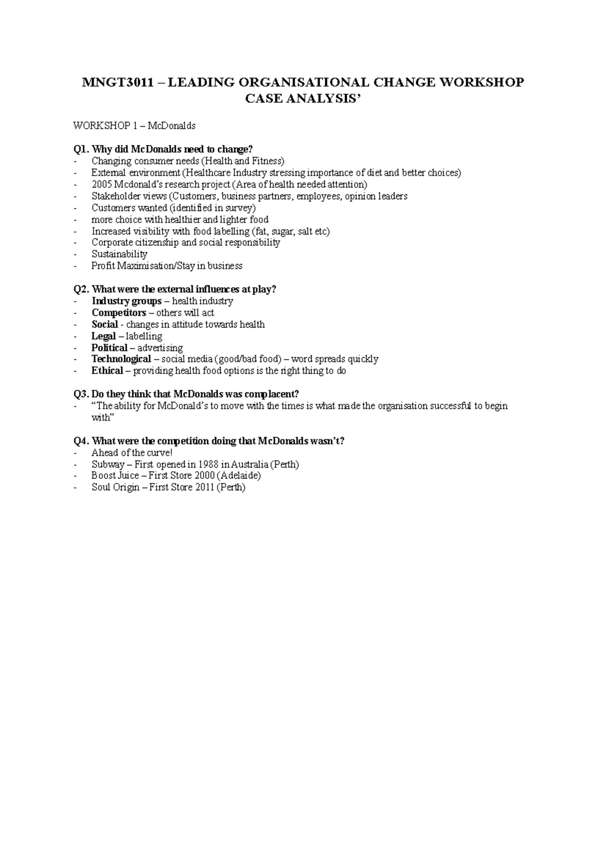MNGT3011 Workshop CASE Analysis' - MNGT3011 – LEADING ORGANISATIONAL ...