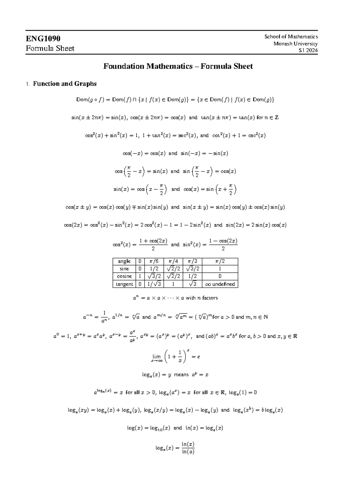 Mid Semester Formula Sheet 1090 - ENG Formula Sheet School of ...