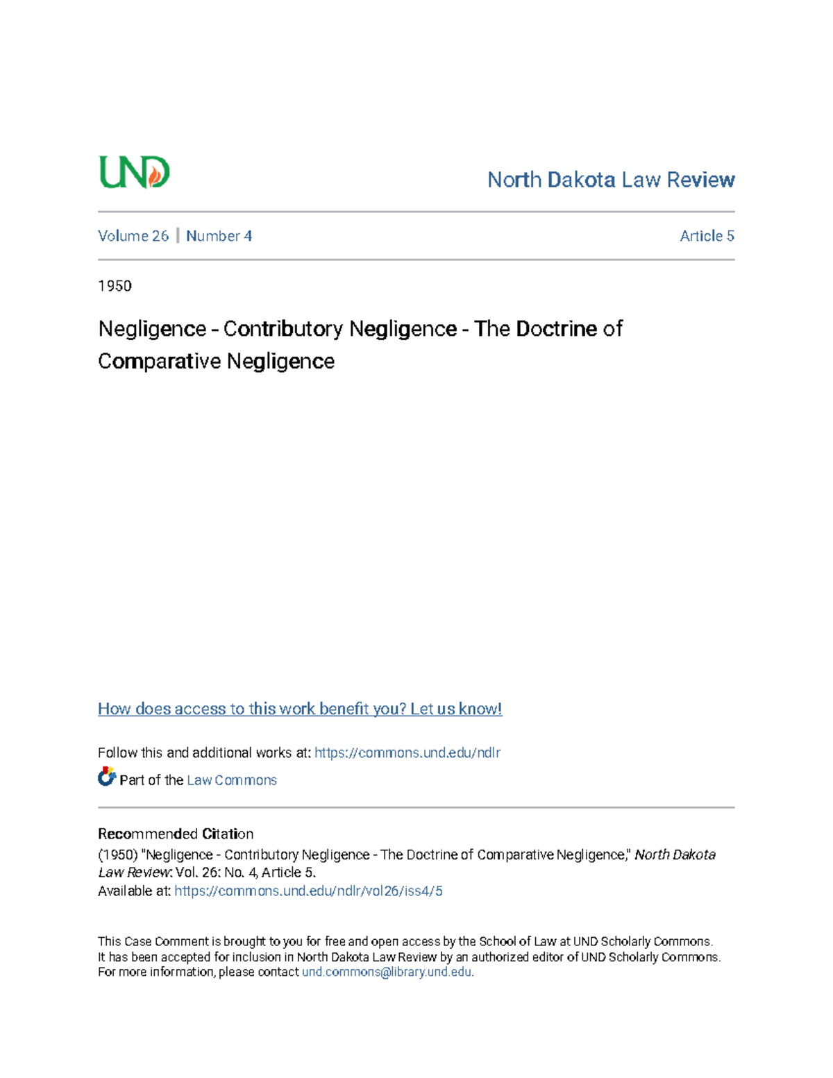 Negligence - Contributory Negligence - The Doctrine of Comparativ - und ...