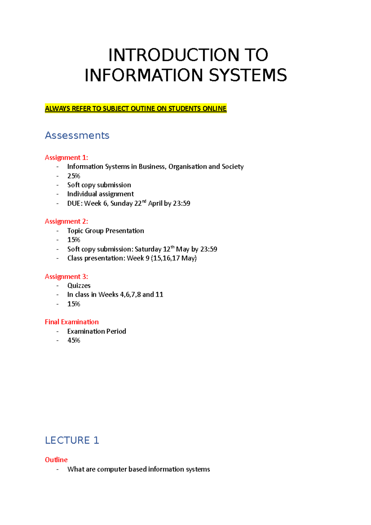 Introduction To Information Systems Lecture Notes 31266 All Lectures Introduction To