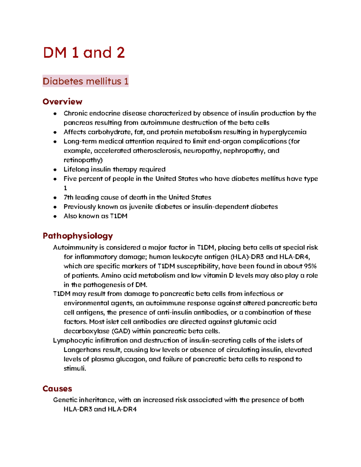 RN-51 Notes - DM 1 and 2 Diabetes mellitus 1 Overview Chronic endocrine ...