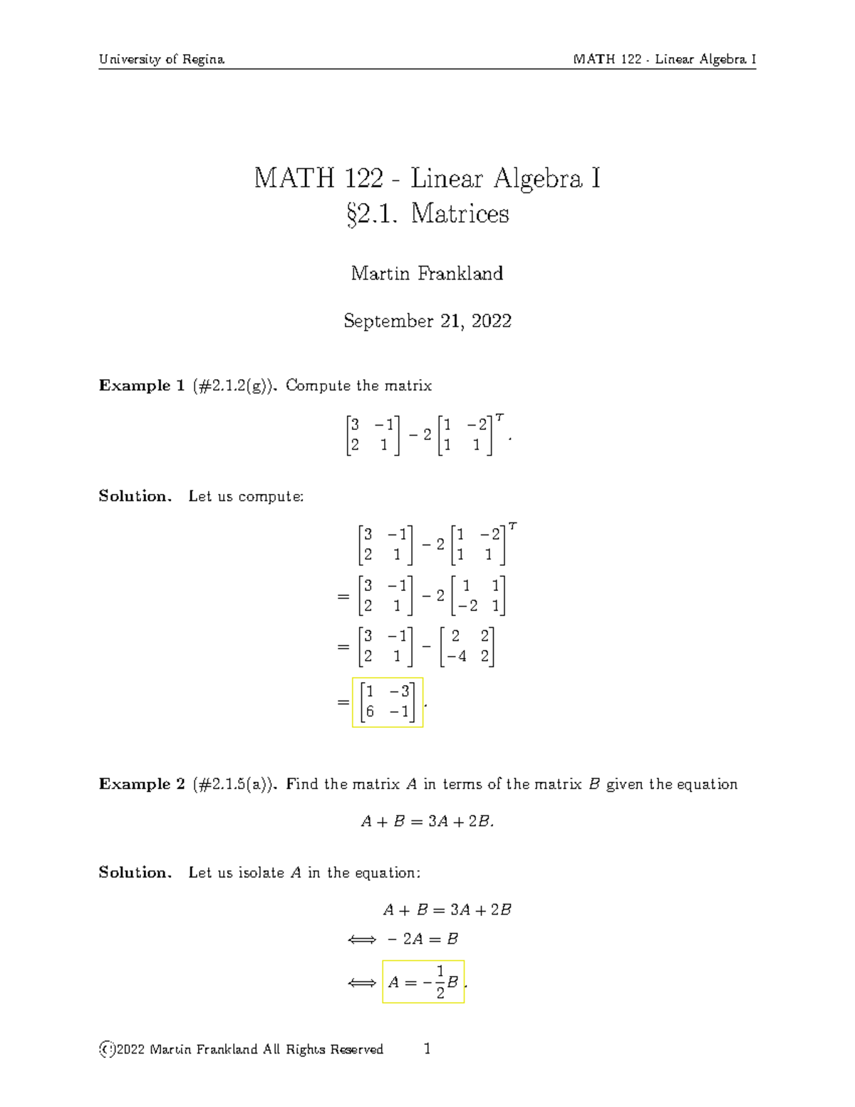 Math122 2-1 Matrices - MATH 122 - Linear Algebra I 2. Matrices Martin ...