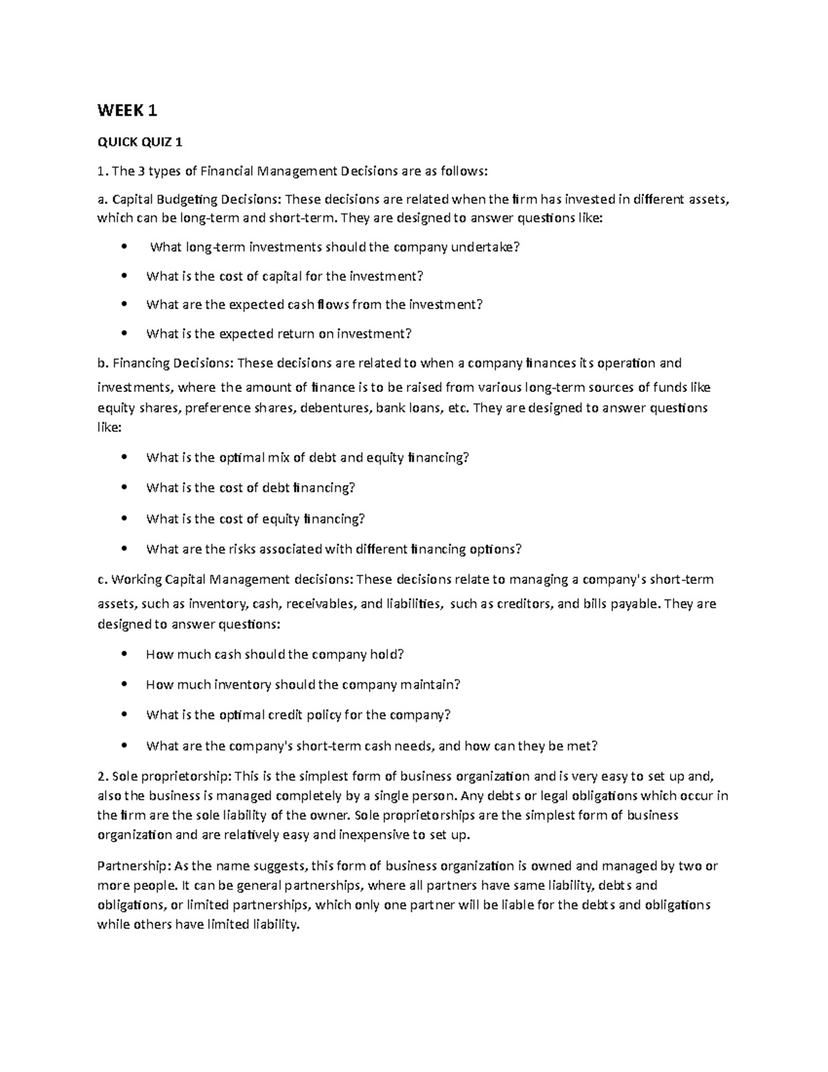 FNCE Assignment - WEEK 1 QUICK QUIZ 1 The 3 types of Financial ...