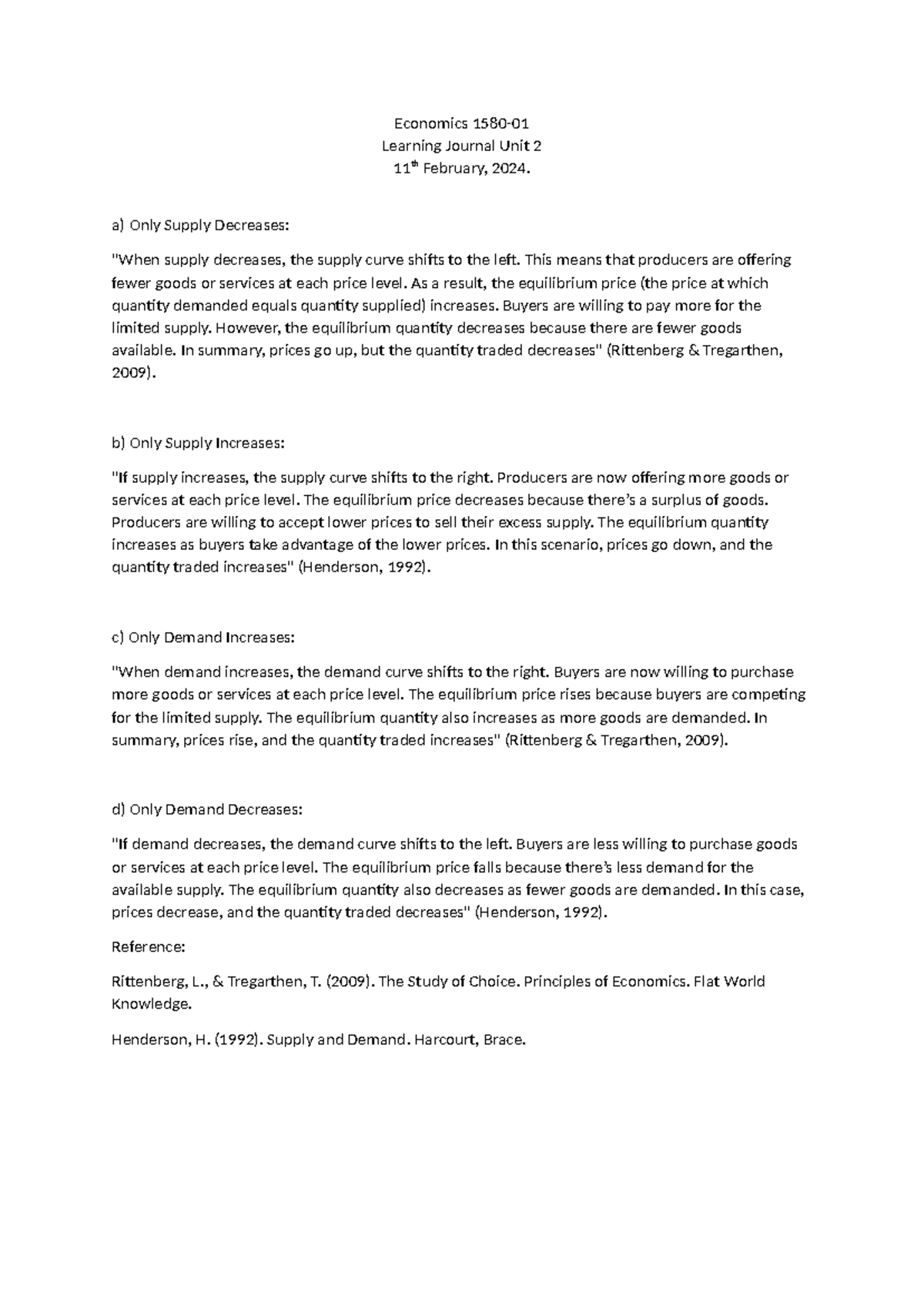 Economics Assignment 2 - Economics 1580- Learning Journal Unit 2 11 th ...