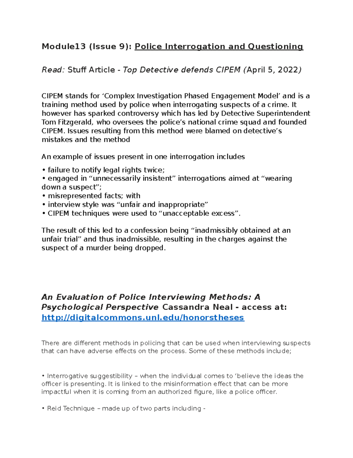 Issue 9 Module 13 Police Interrogation And Questioning Module13