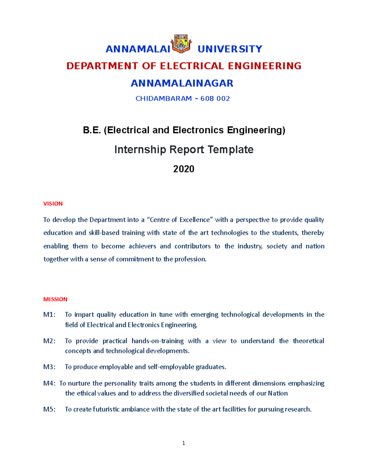 B.E (EEE) Internship Report TEmplate - ANNAMALAI UNIVERSITY DEPARTMENT ...
