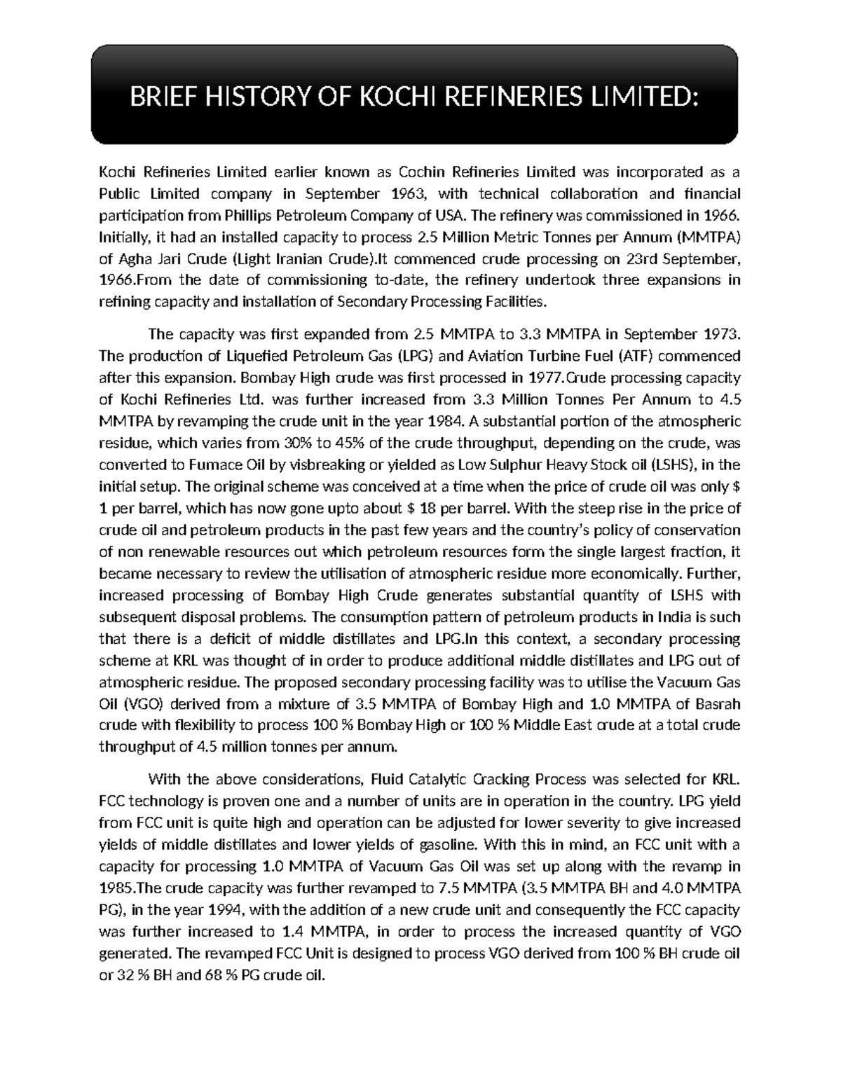 OIl & Gas Company profile - BPCL - Kochi Refineries Limited earlier ...