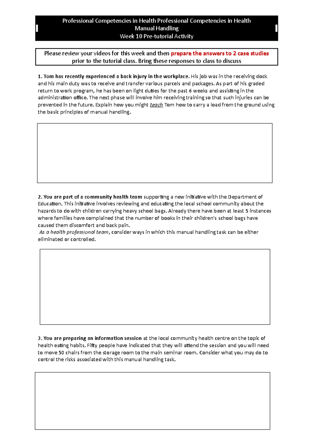 Week 10 Manual Handling Pre-tutorial worksheet students - Professional ...
