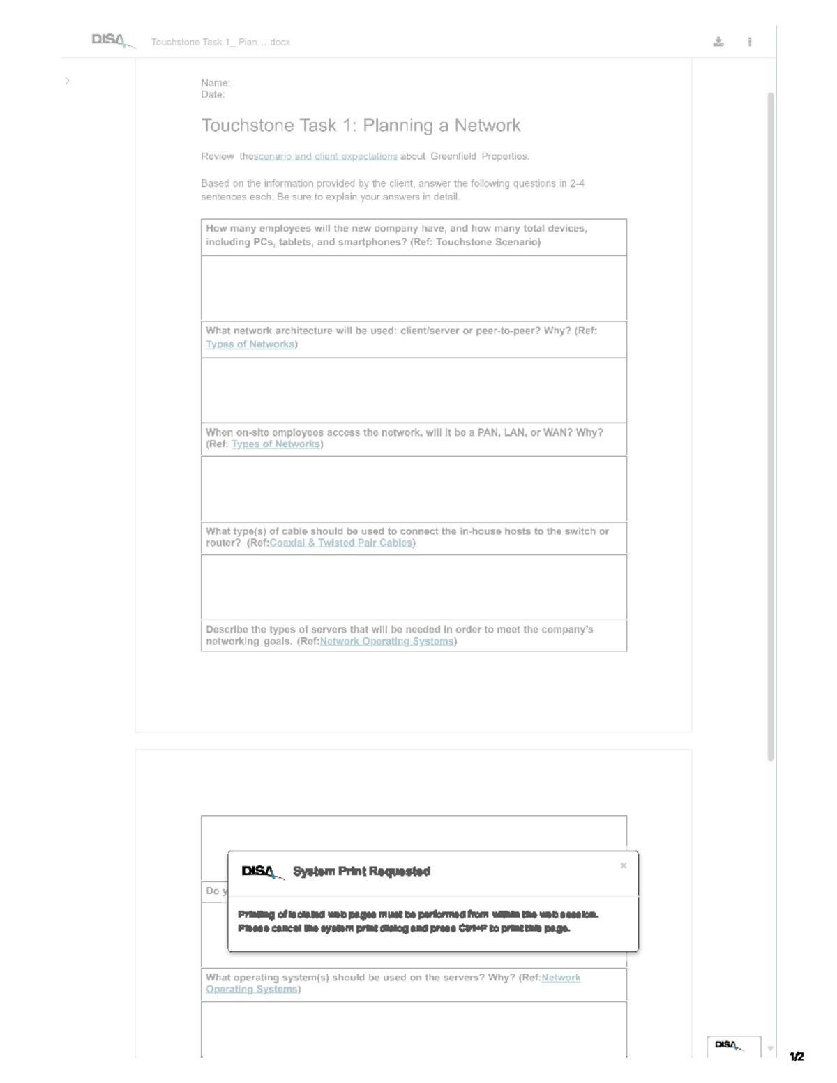 Touchstone Task 1 Planning a Network Infrastructure Questions - - Studocu