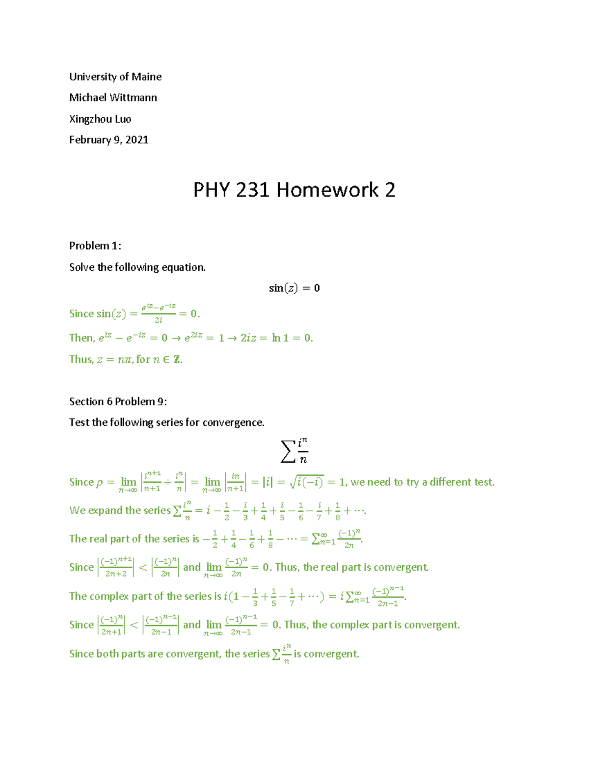 PHY 231 Homework 2 - University of Maine Michael Wittmann Xingzhou Luo ...