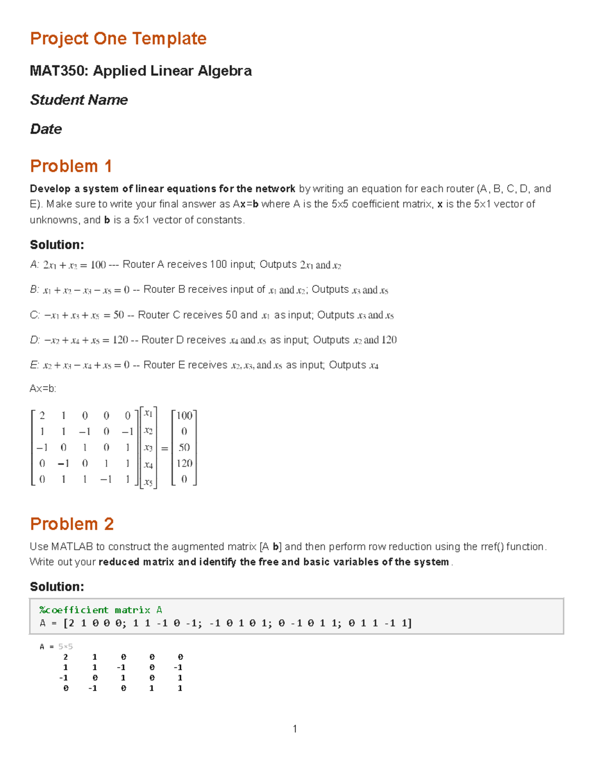 Project One MAT 350 - Project One Template MAT350: Applied Linear ...