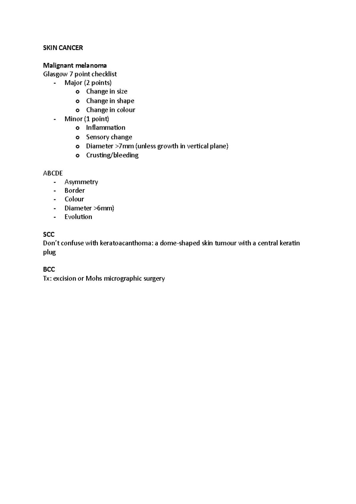 Finals notes on derm - SKIN CANCER Malignant melanoma Glasgow 7 point ...