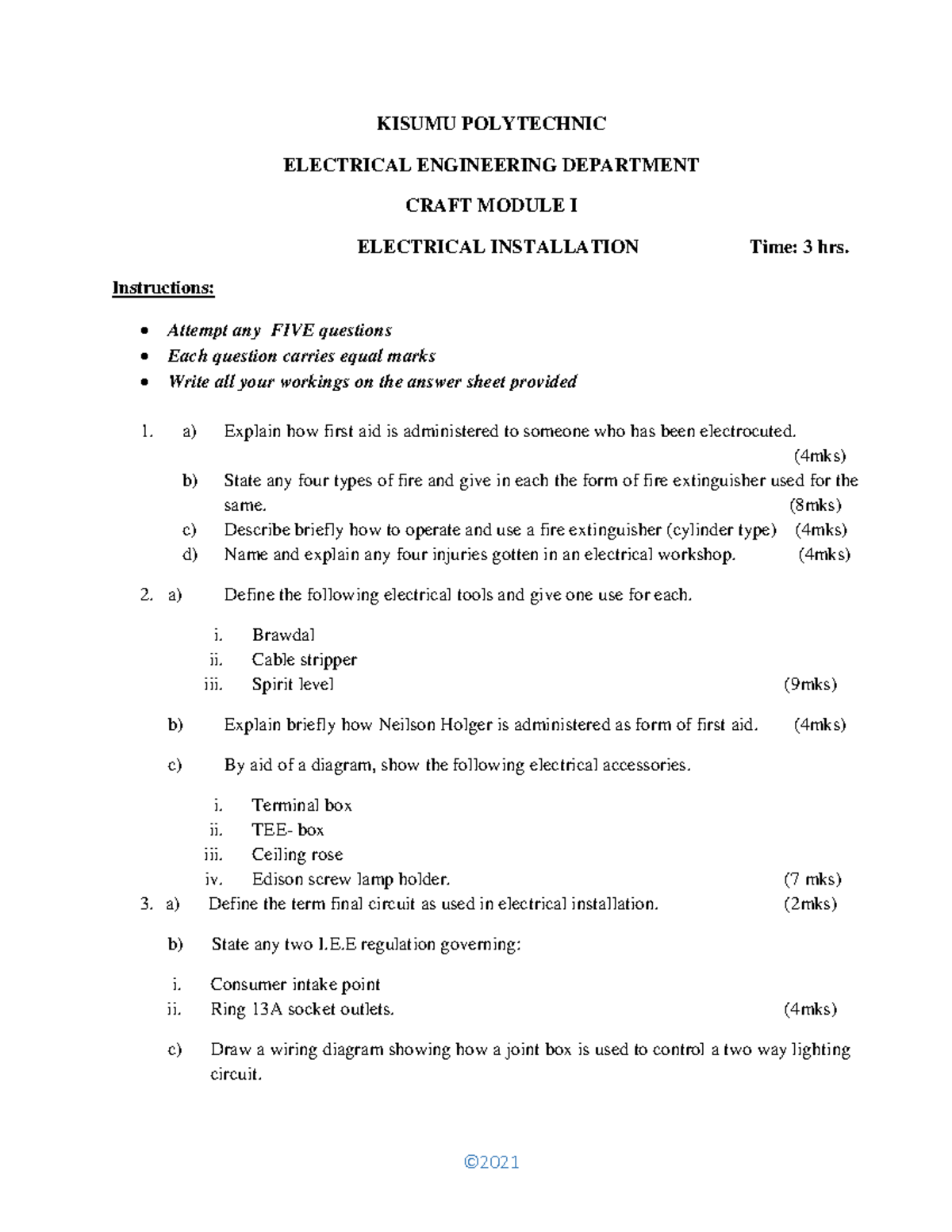 Craft one exam - REVISION - © KISUMU POLYTECHNIC ELECTRICAL ENGINEERING ...
