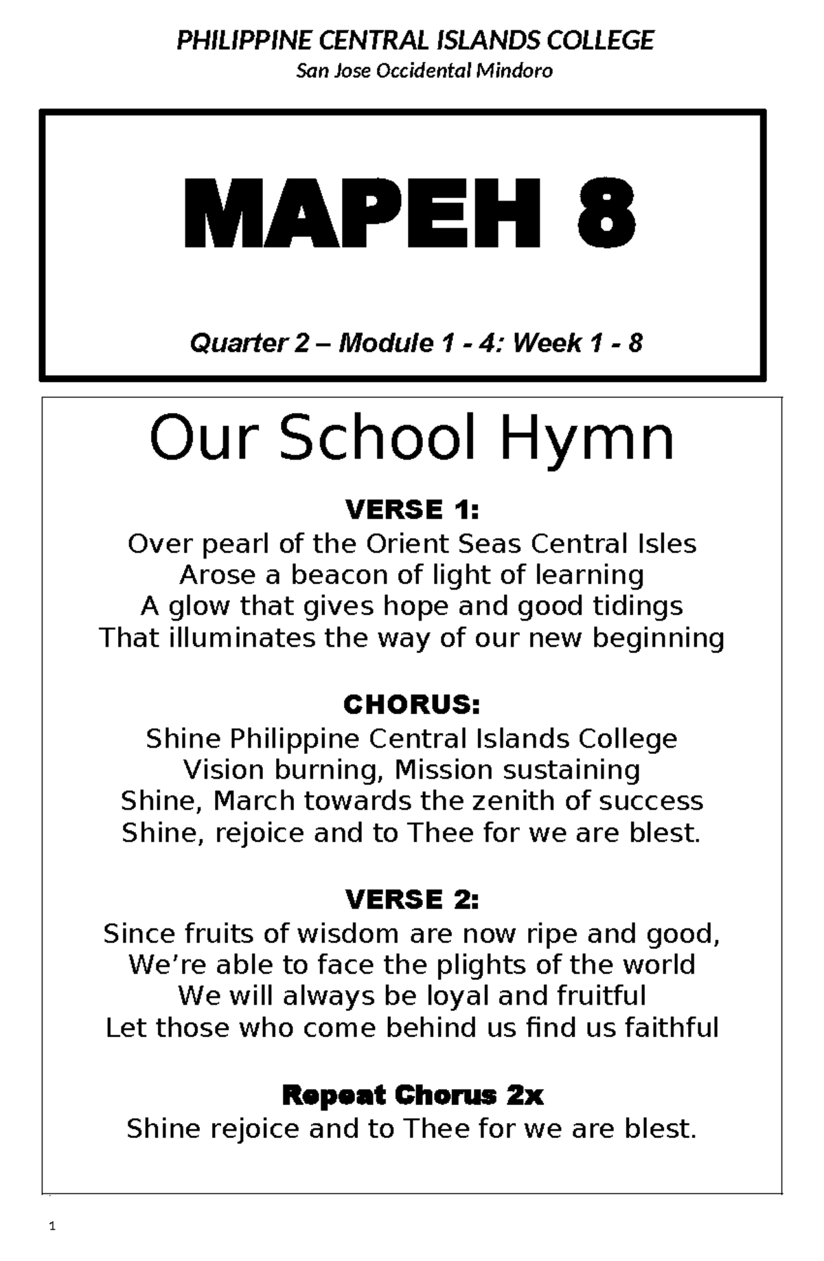 Mapeh 8 2nd quarter 1 8 - Notes - P PHILIPPINE CENTRAL ISLANDS COLLEGE ...