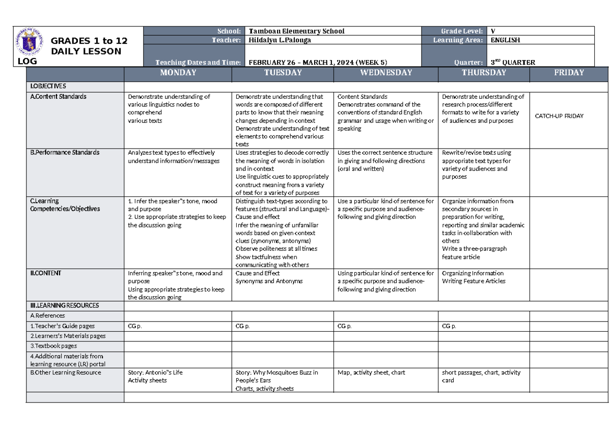 DLL English 5 Q3 W5 - DLL - GRADES 1 to 12 DAILY LESSON LOG School ...