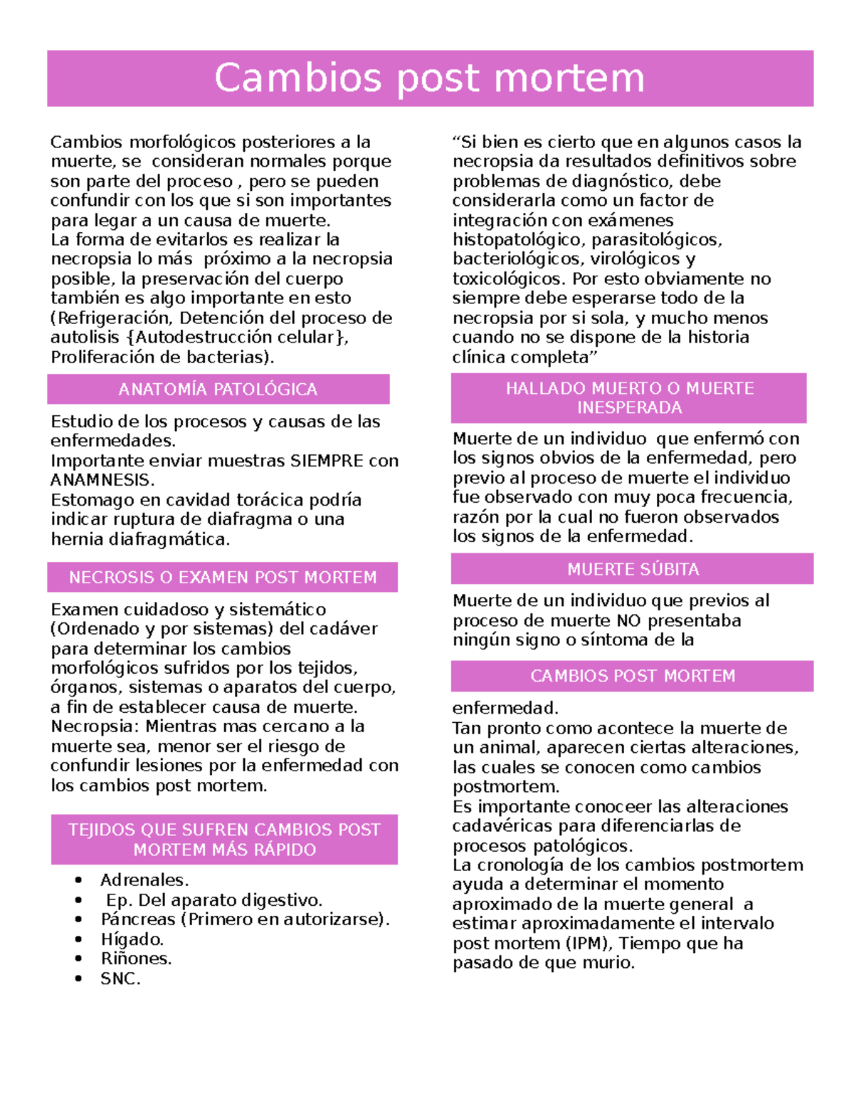 Cambios post mortem - Cambios morfológicos posteriores a la muerte, se consideran normales ...