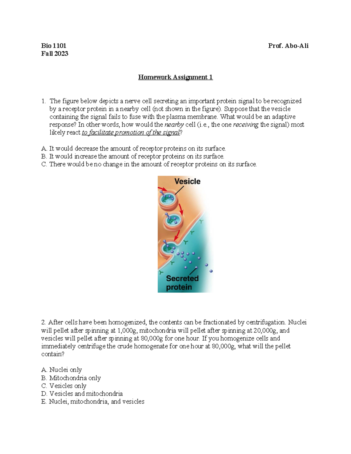 Bio 1101 Homework Assignment 1 - Bio 1101 Prof. Abo-Ali Fall 2023 ...