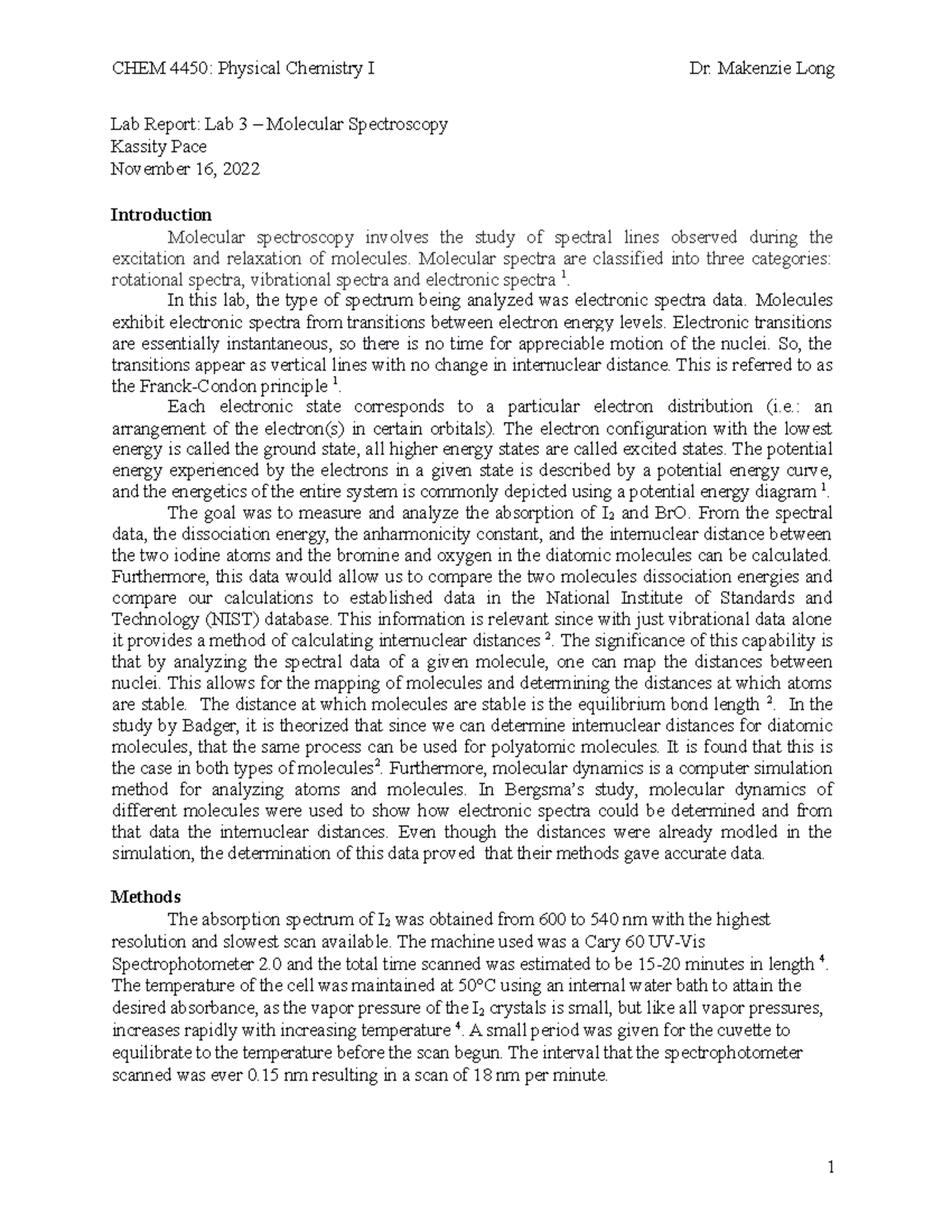 Lab 3 report pchem - Lab Report: Lab 3 – Molecular Spectroscopy Kassity ...