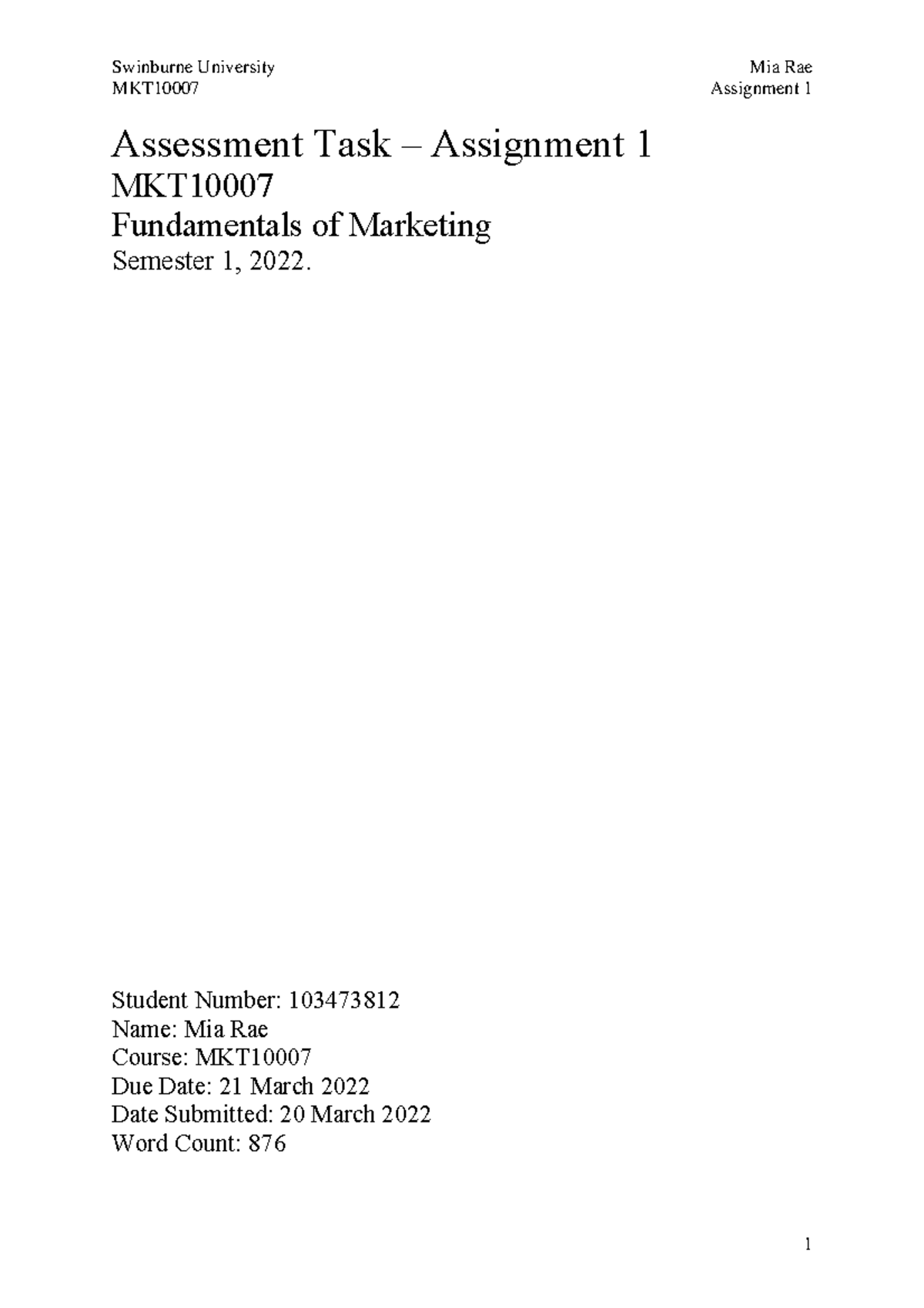 Mia Rae - Assignment 1 MKT10007 - MKT10007 Assignment 1 Assessment Task ...
