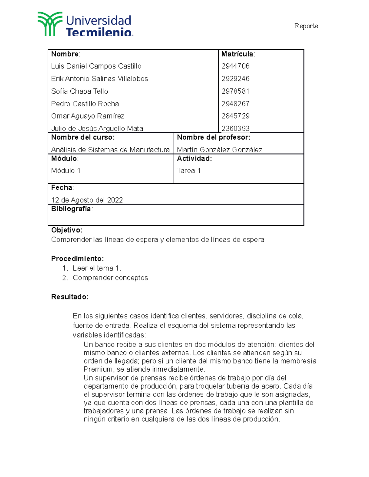 Tarea 1 - Reporte Objetivo: Comprender las líneas de espera y elementos ...
