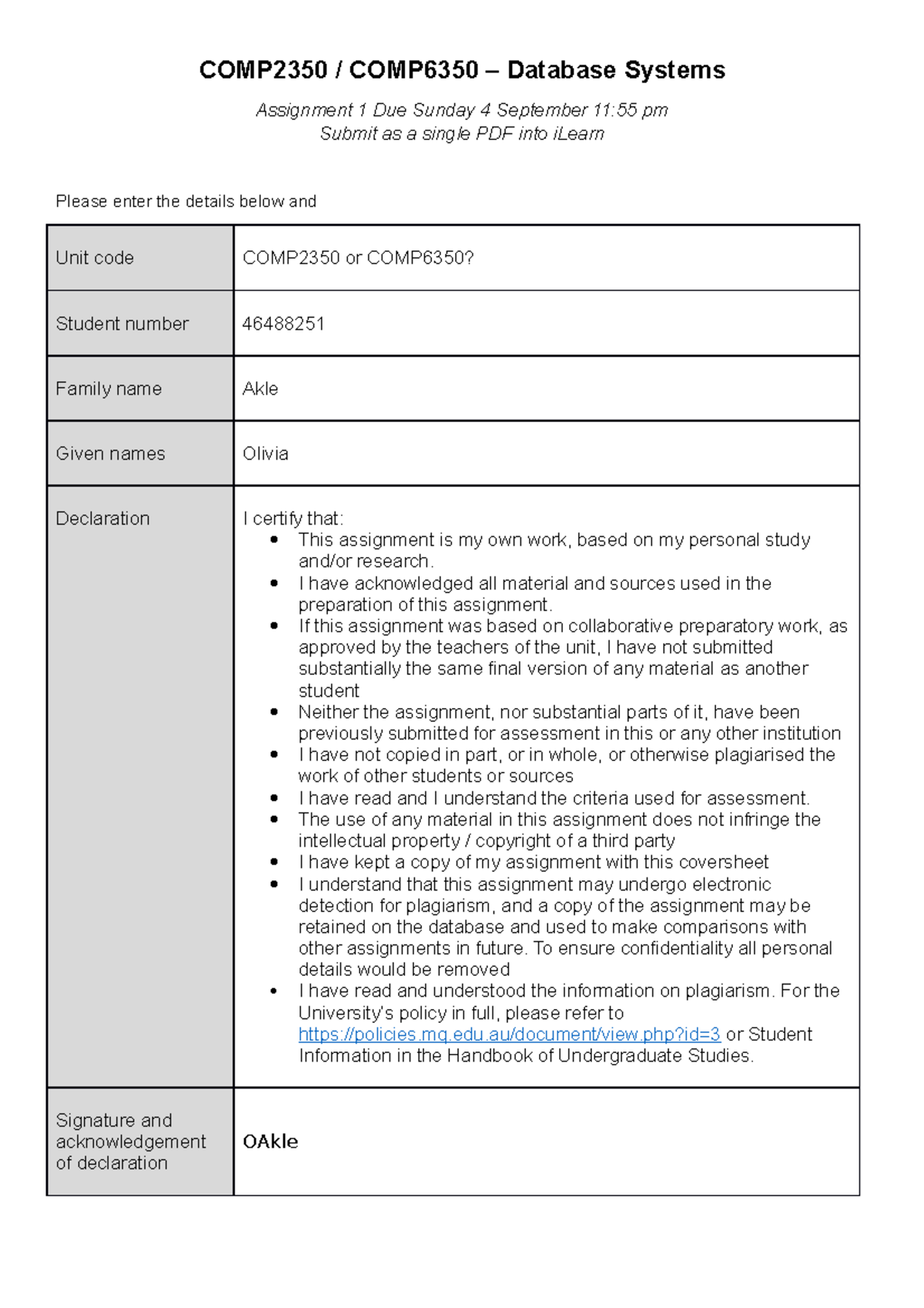 Database Systems Assignment 1 - I have acknowledged all material and ...