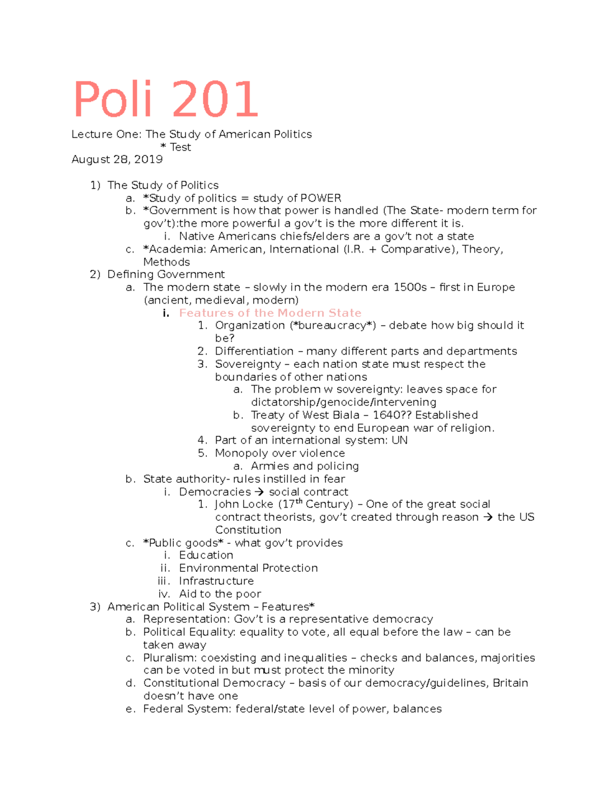 POLI201 Notes - Prof Tobias Lanz - Poli 201 Lecture One: The Study of ...