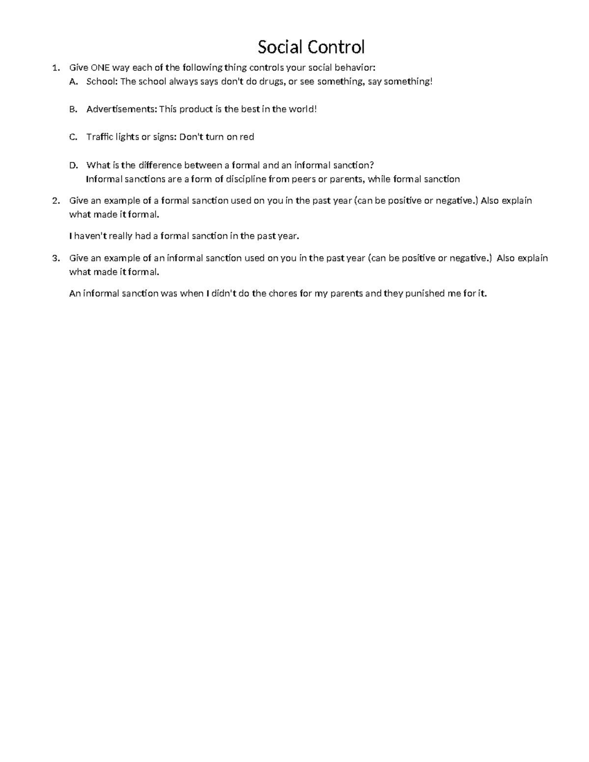 1-28 Social control - Social Control Give ONE way each of the following ...