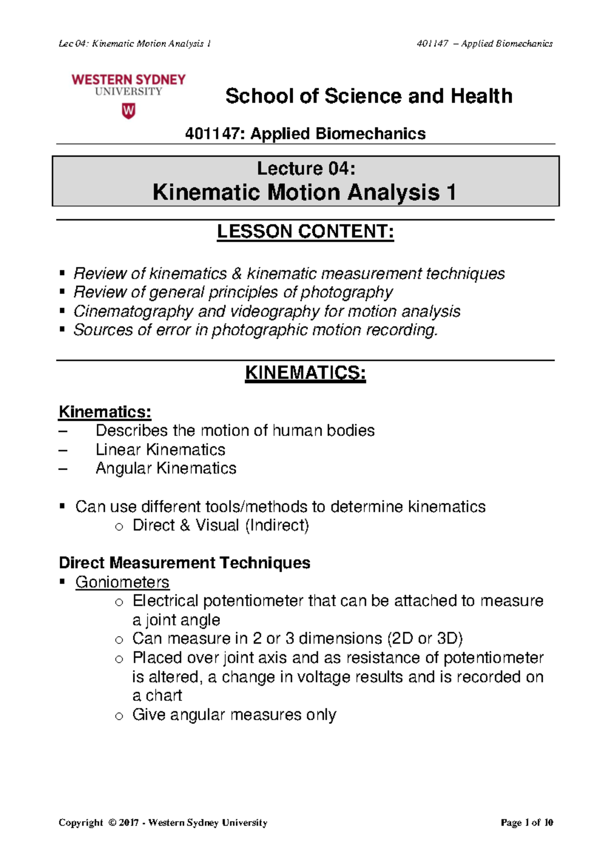 Lecture 04 - Kinematic Motion Analysis 1 (2) - 4658 - UWS - Studocu