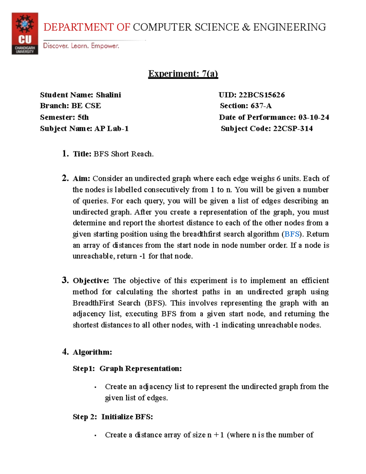 AP7S - Advanced Programming lab 7th worksheet - Experiment: 7(a) Student Name: Shalini UID ...