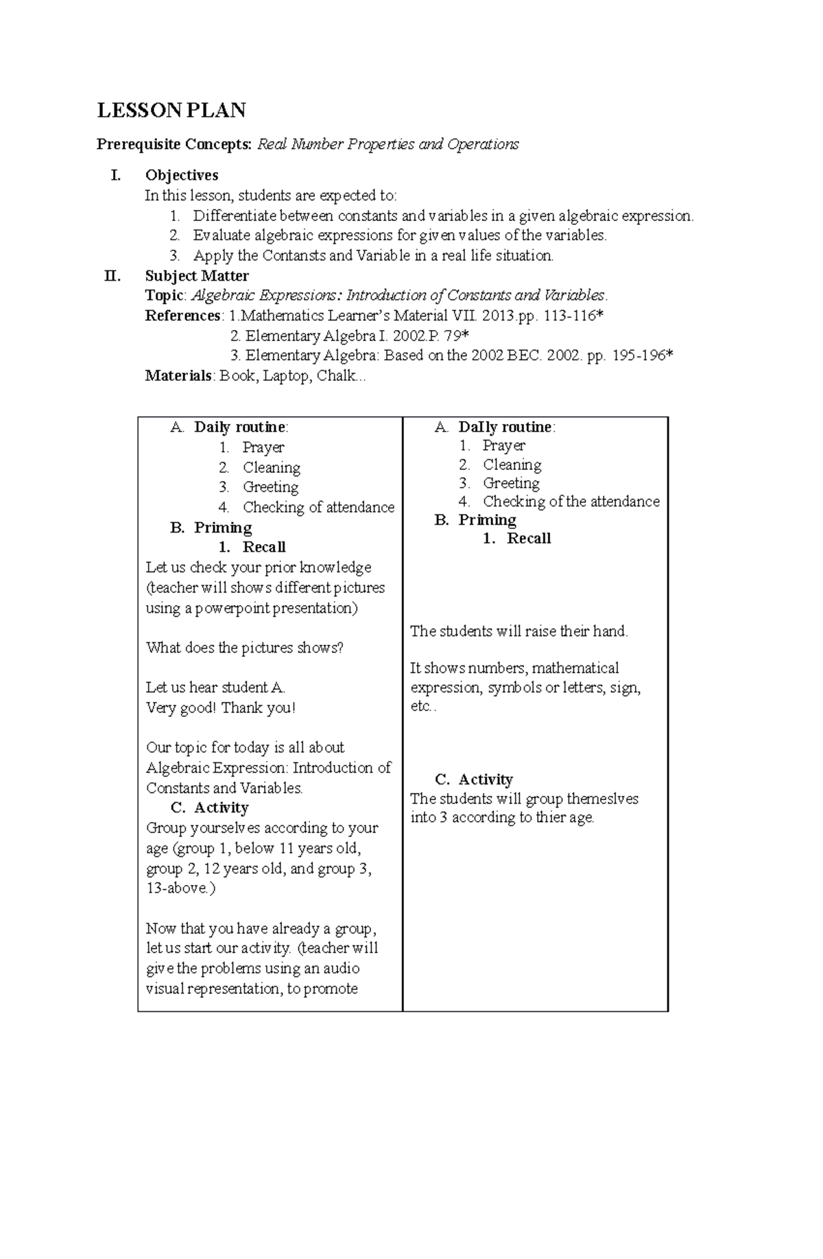 Lesson PLAN 2 - LESSON PLAN Prerequisite Concepts: Real Number ...