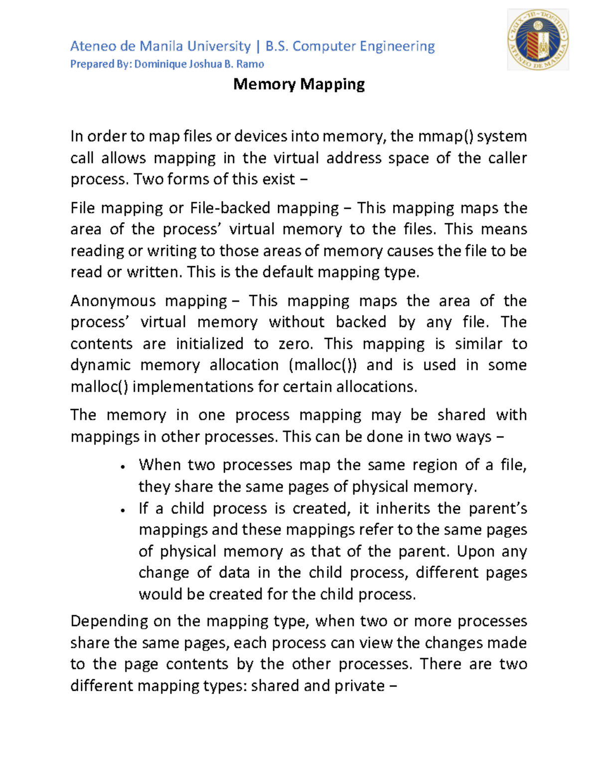Study Guide - Memory Mapping - Prepared By: Dominique Joshua B. Ramo ...