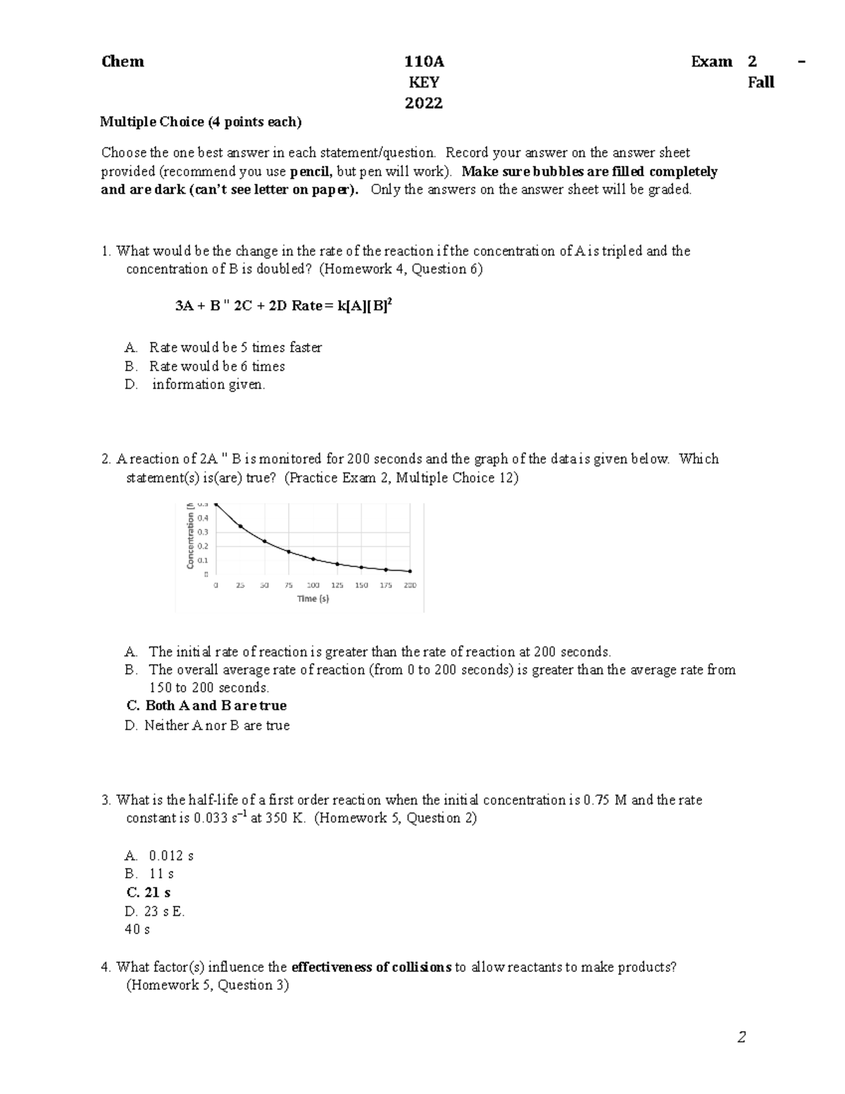 Exam2-110-Fa22-Key (1677 - KEY Fall 2022 Multiple Choice (4 points each) Choose the one best ...