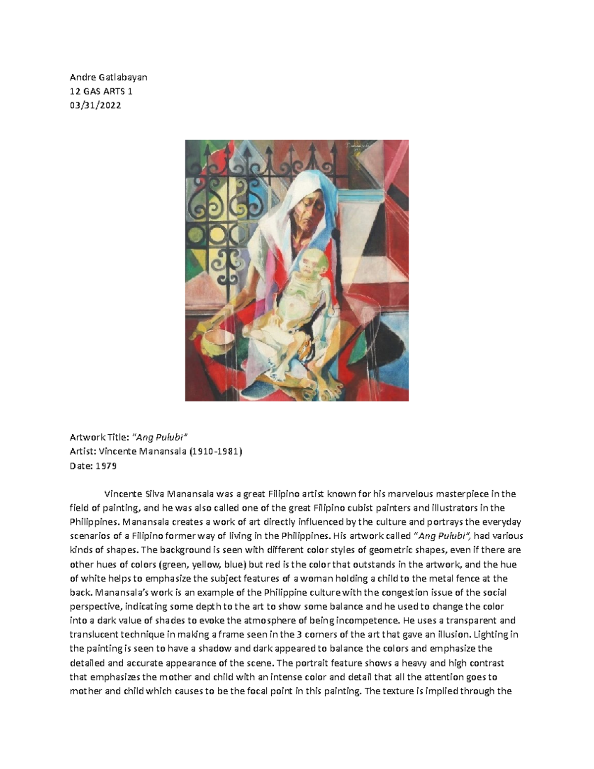 Ang pulubi art analysis - Andre Gatlabayan 12 GAS ARTS 1 03/31/ Artwork ...