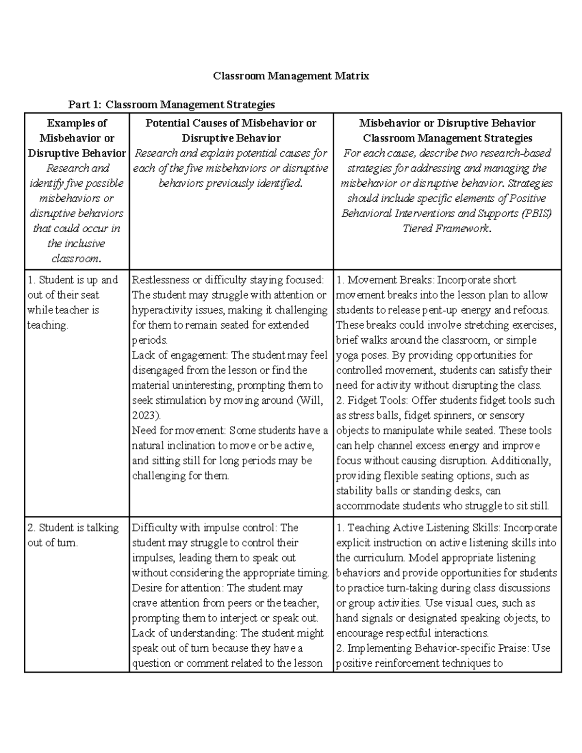 Classroom Management Matrix - Potential Causes of Misbehavior or ...