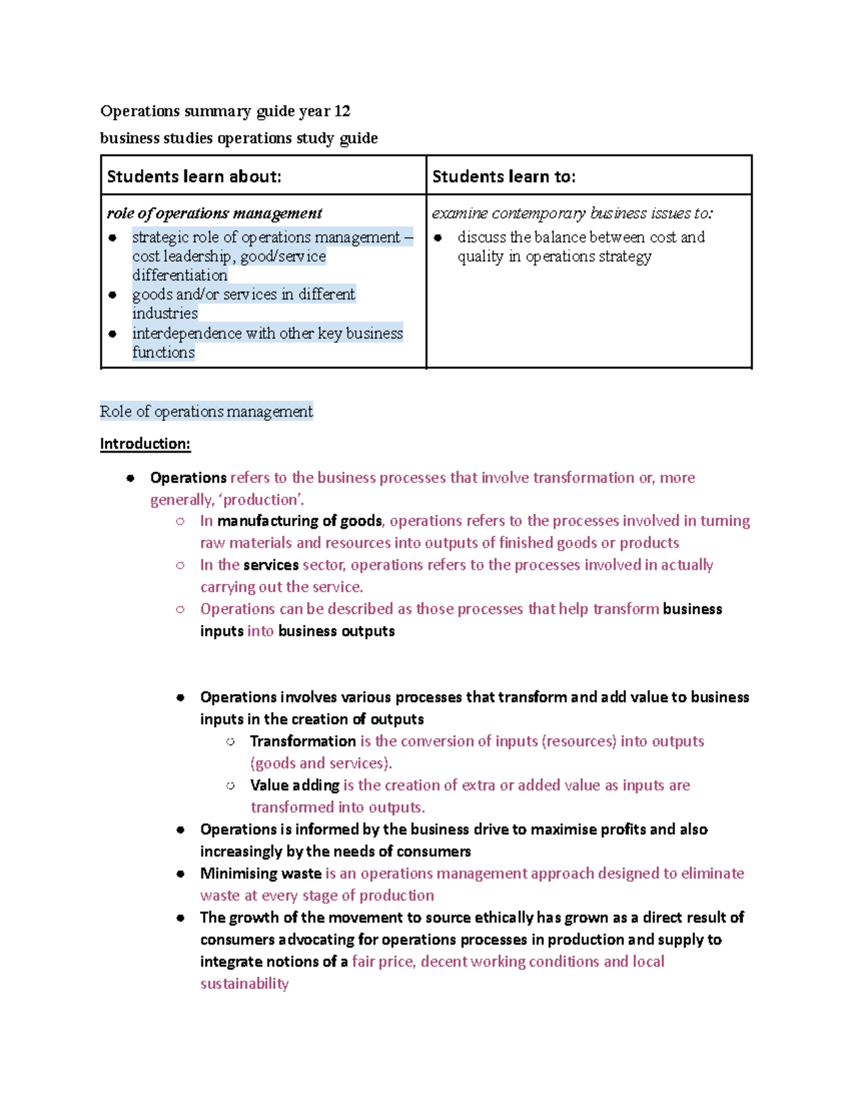 Operations summary guide year 12 - In manufacturing of goods ...