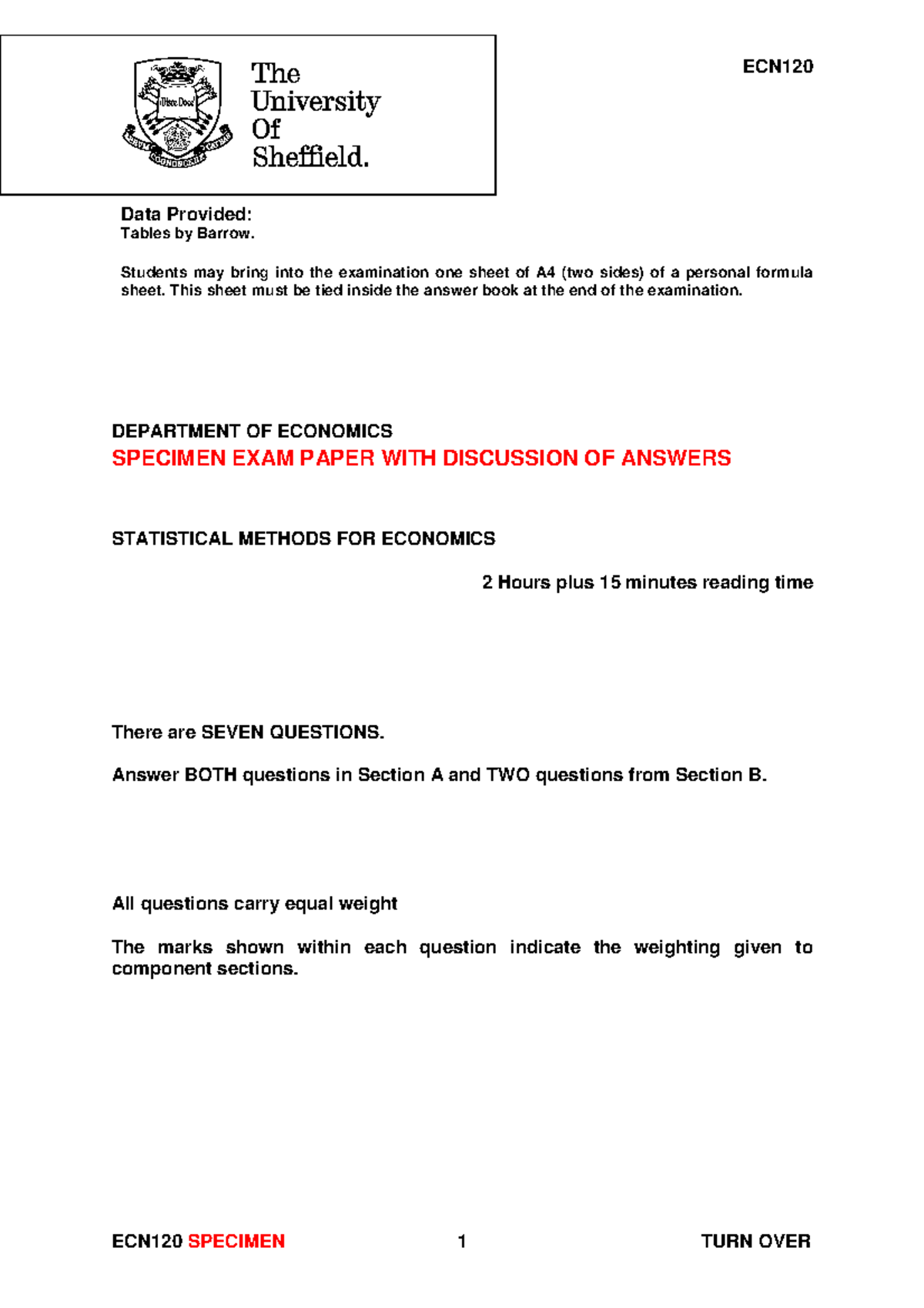 Sample/practice Exam 2015, Questions And Answers - ECN120 SPECIMEN Data ...