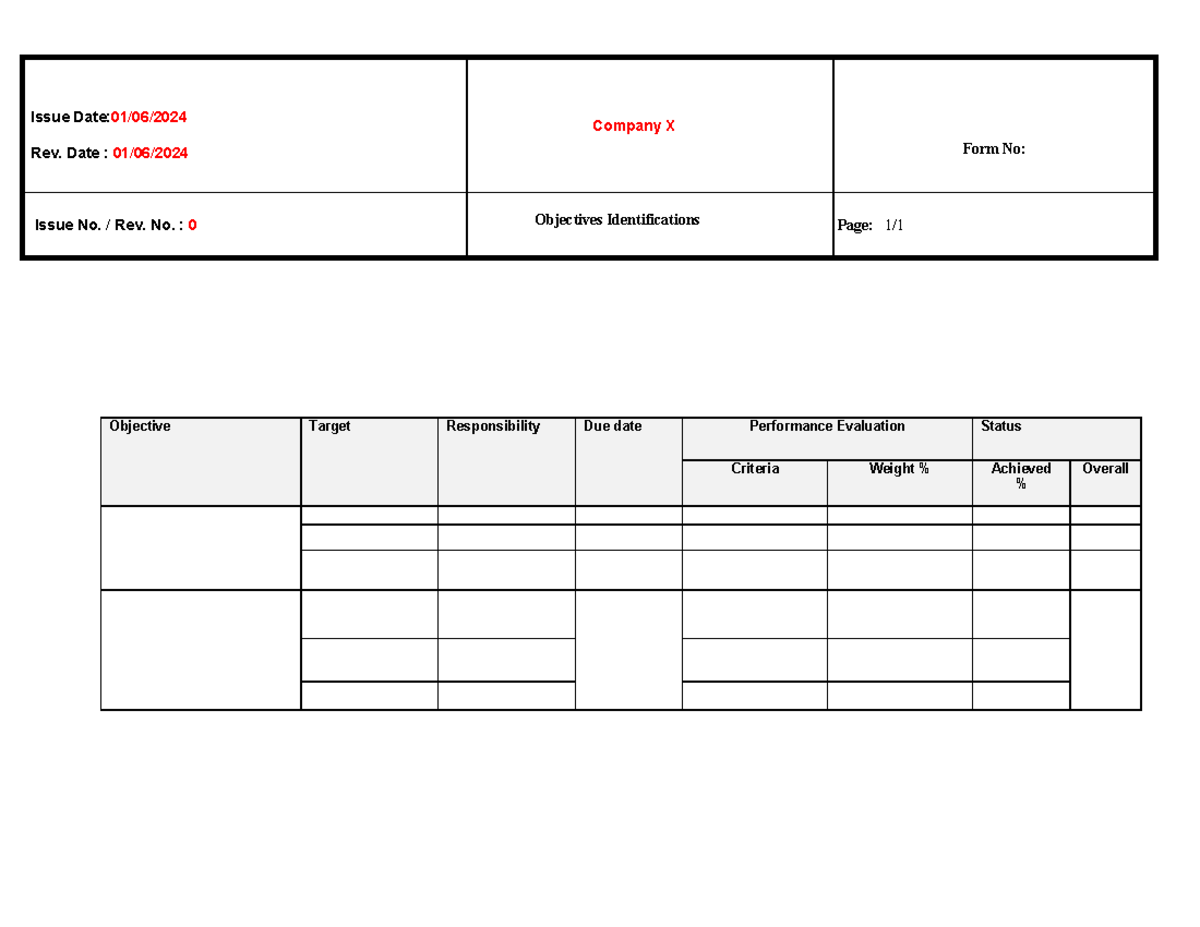 Objectives - MQM - Quality Management - Form No: Company X Issue Date ...