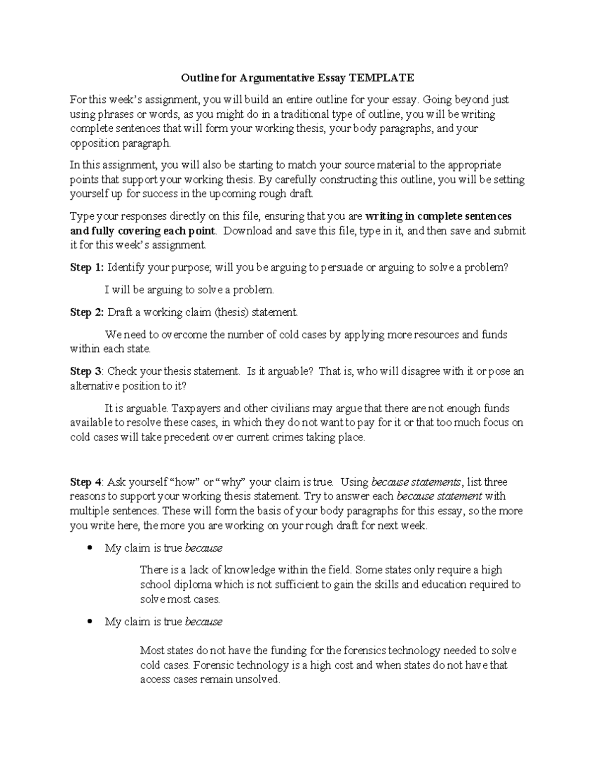 Week 7 Outline for Argumentative Essay Assignment Template - Outline ...