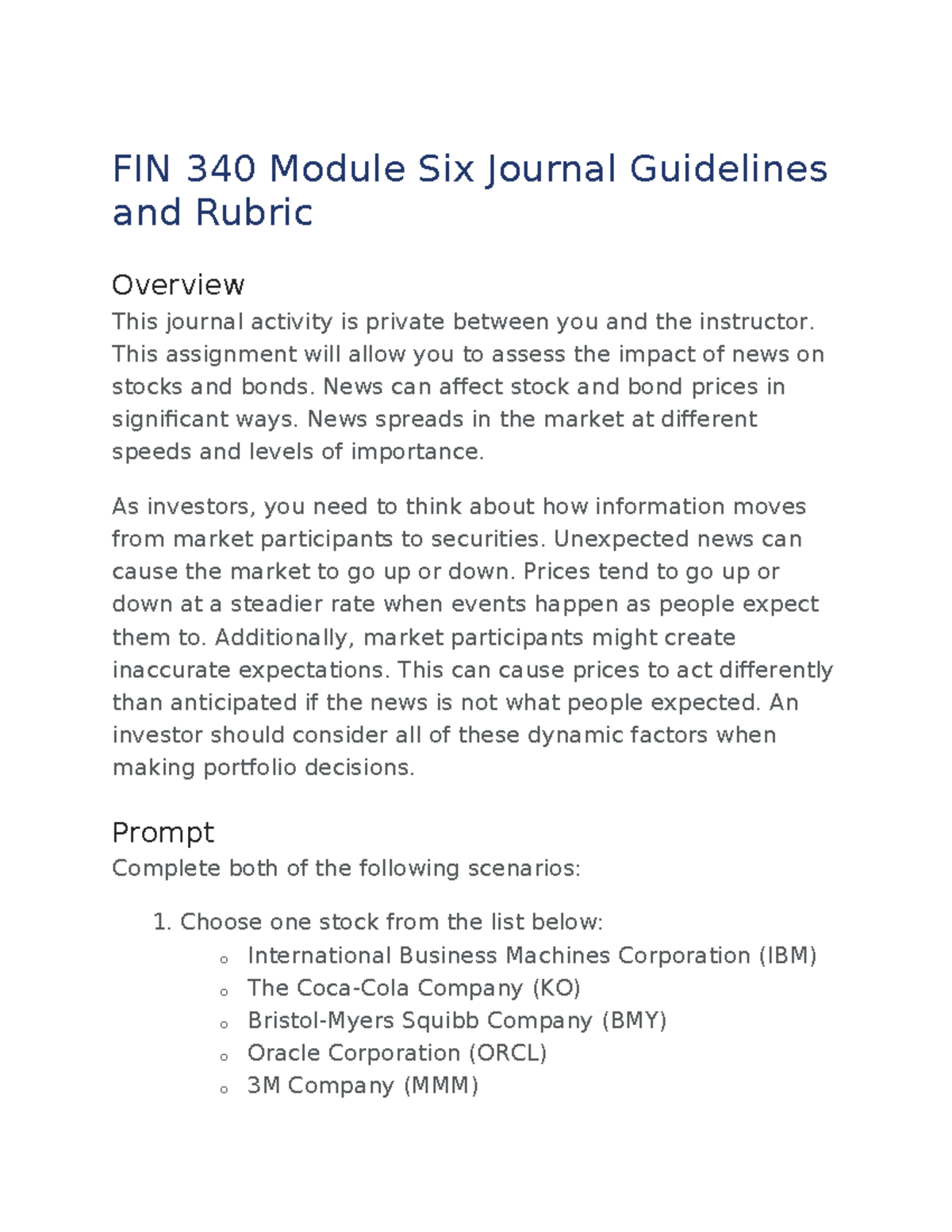 FIN 340 Module Six Journal Guidelines and Rubric - FIN 340 Module Six ...