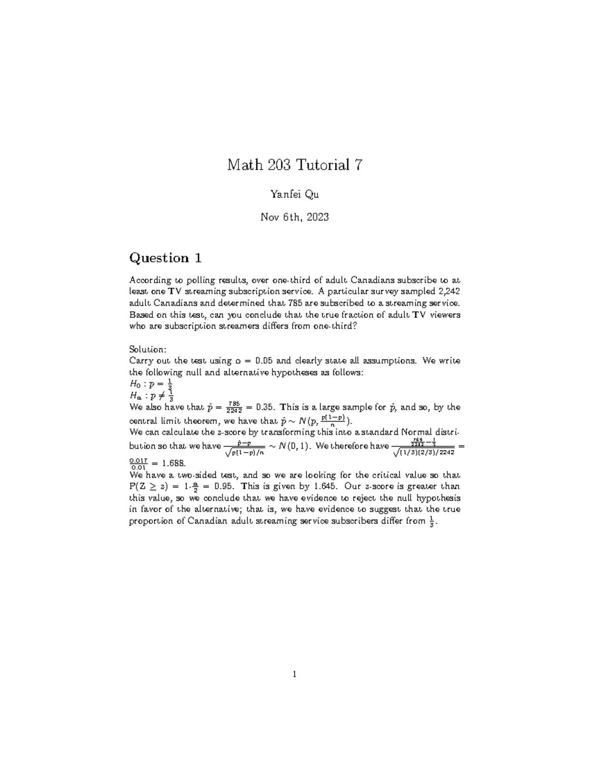Tut 7 - statistics - Math 203 Tutorial 7 Yanfei Qu Nov 6th, 2023 ...