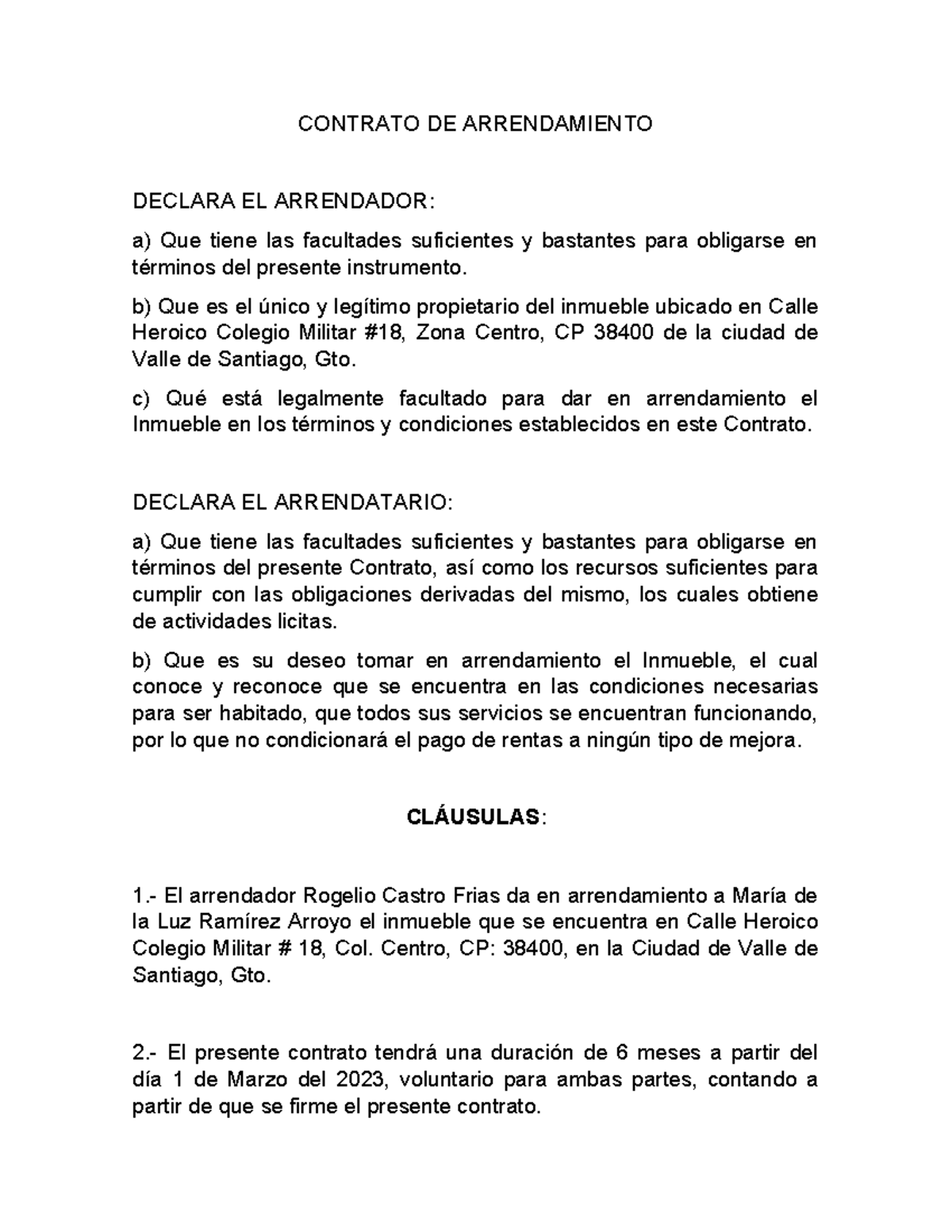 Contrato De Arrendamiento Contrato De Arrendamiento Declara El